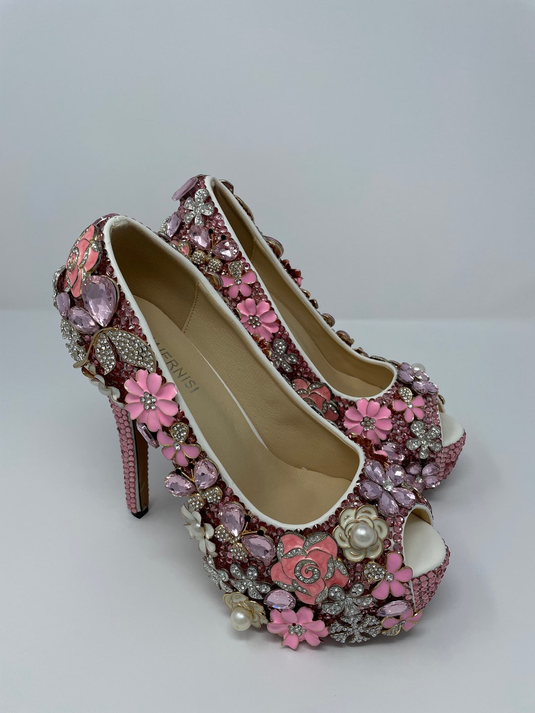 Custom Pink Crystal Peep Toe Platform Heels Sz 8.5 - Etsy