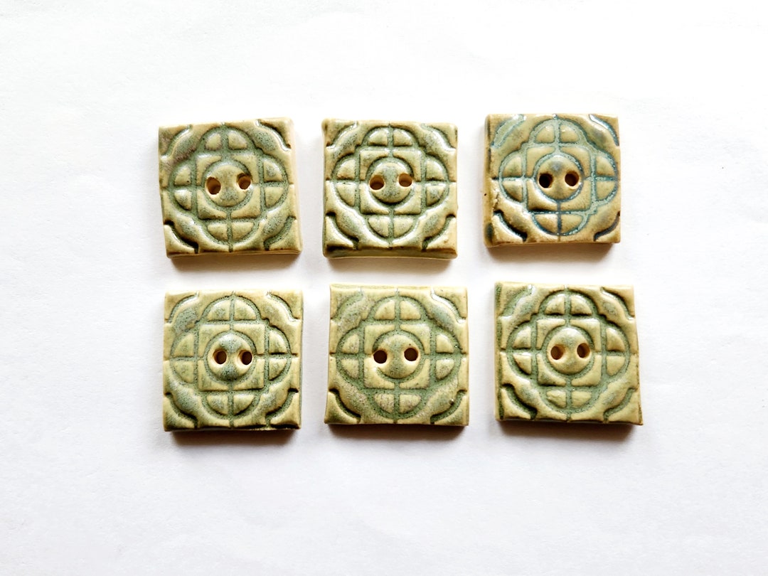 Set of 6 Quilt Square Buttons: Moroccan Tile Greenstone Ceramic Buttons ...