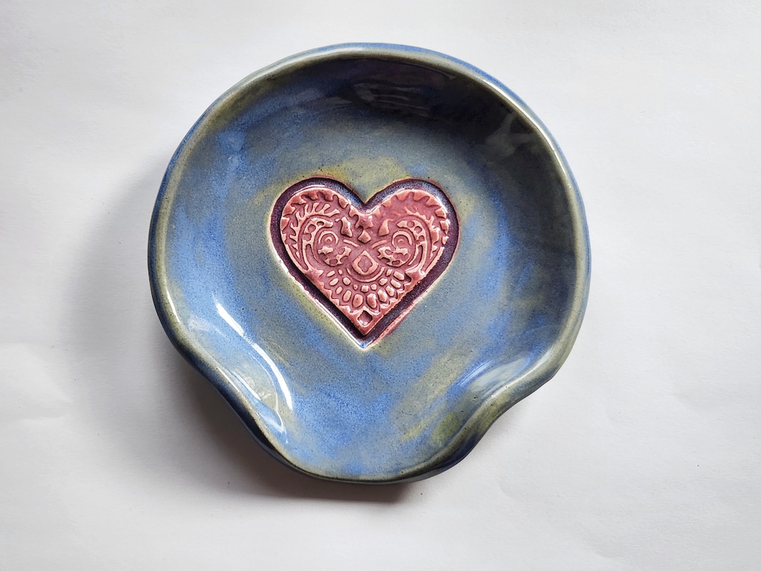 Large Blue With Pink Heart Ceramic Spoonrest and Tea-bag Holder ...
