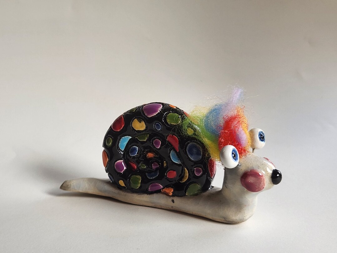 Rainbow Polka Dot Ceramic Garden Snail With Fuzzy Rainbow Hair - Etsy