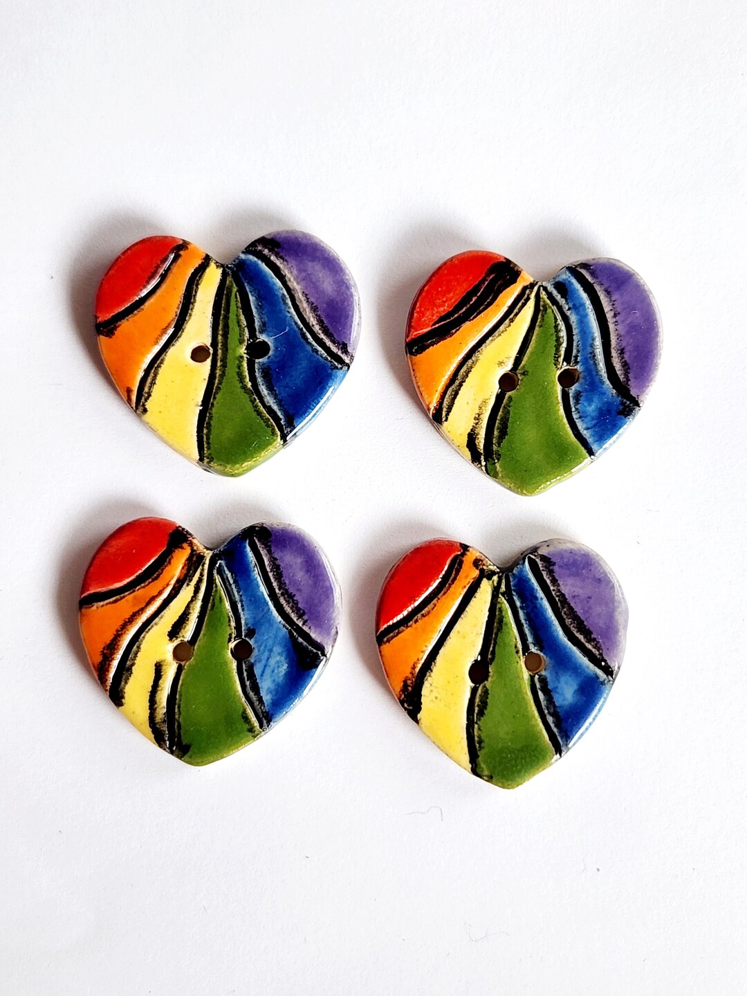 Set of Four Rainbow Stripe Ceramic Heart Buttons - Etsy