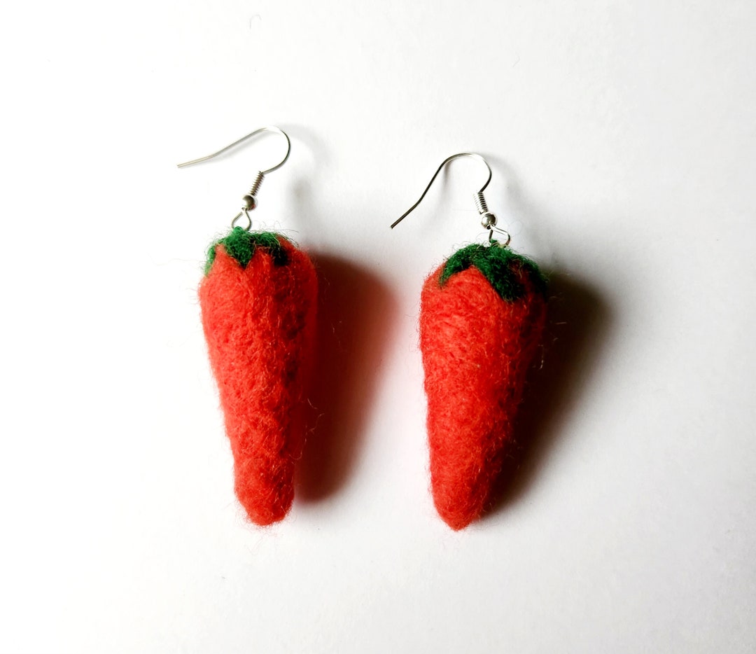 Needle Felted Wool Red Cayenne Pepper Earrings With Silver Plated ...