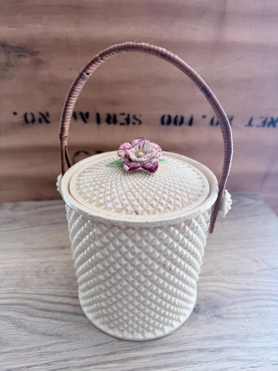 Vintage Basketweave Ceramic Jar With Flower Lid • Cottage Kitchen ...