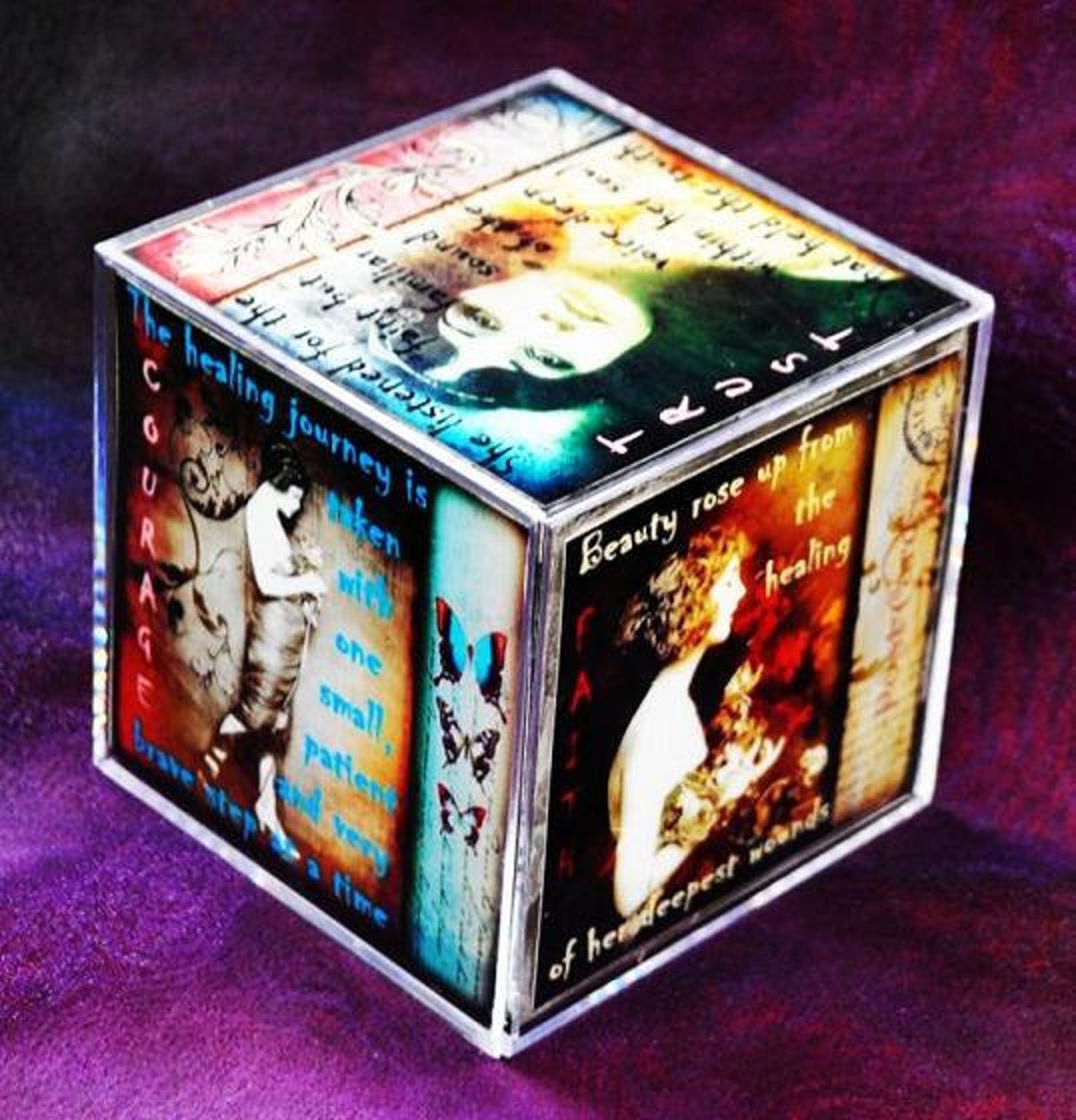 VINTAGE JOURNEY CUBE Altered Collage Art Therapy Acrylic Block Square ...