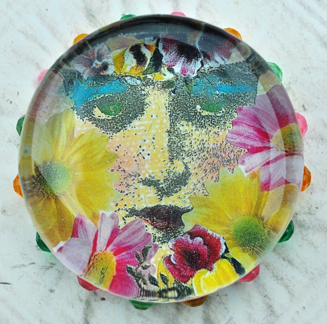 Art Glass Paperweight Face Floral Collage Altered Mixed Media - Etsy