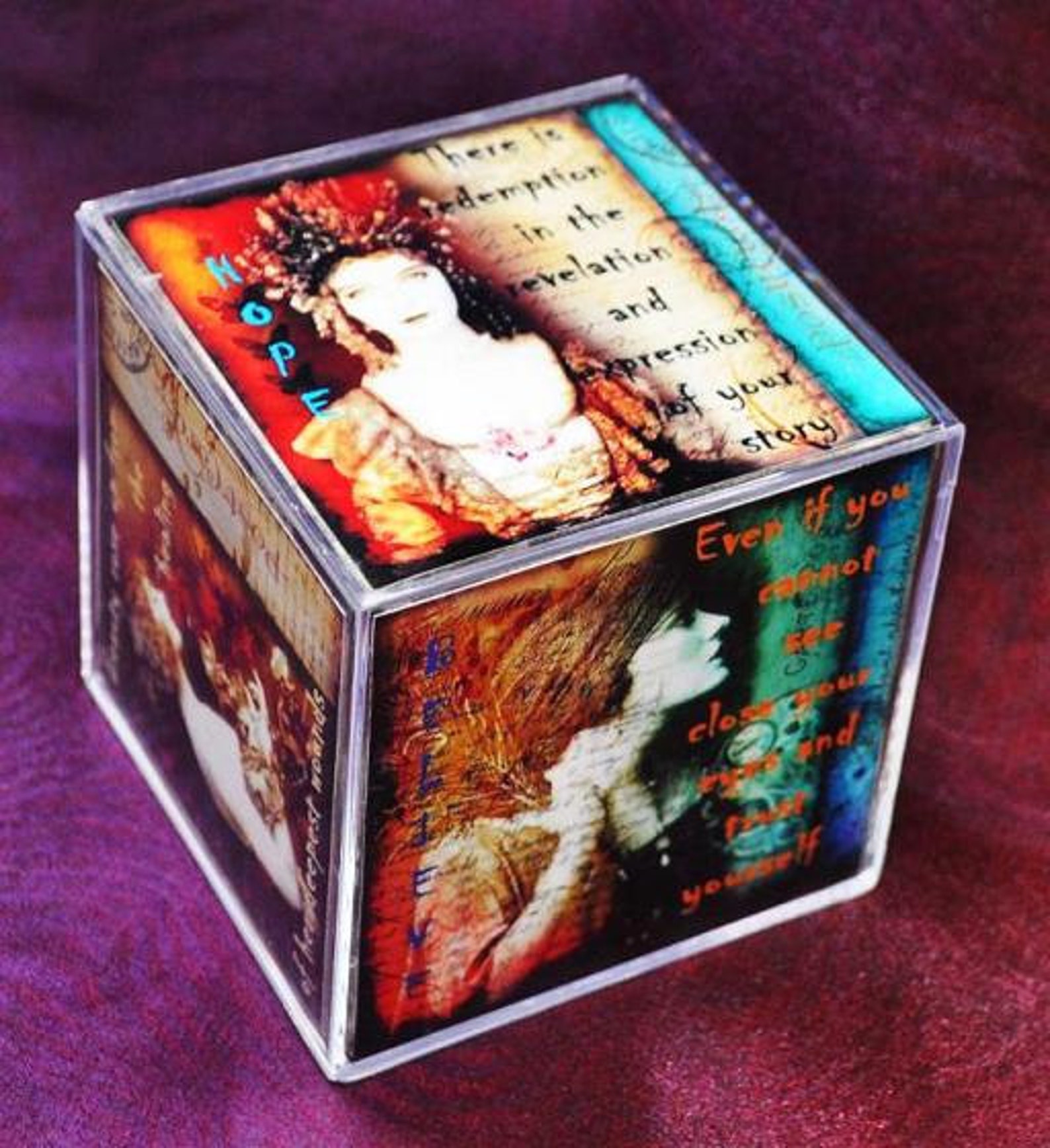 VINTAGE JOURNEY CUBE Altered Collage Art Therapy Acrylic Block Square ...
