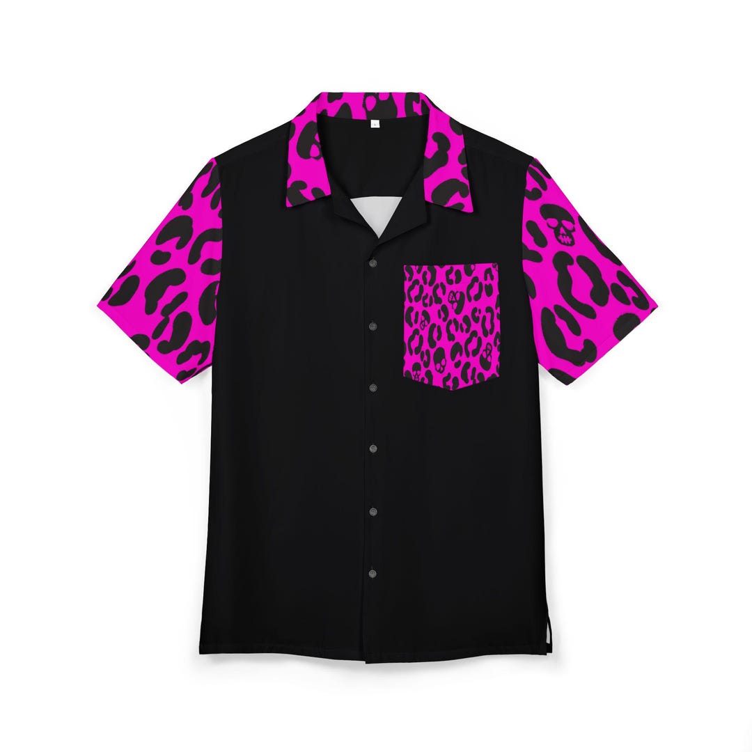 Pink and Black Leopard Print Skull Emo Goth Bowling Shirt, Unisex ...