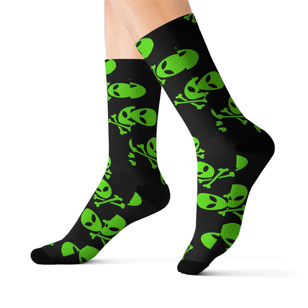 Alien Crossbones Crew Socks: Green & Black Sci-fi Fashion - Etsy