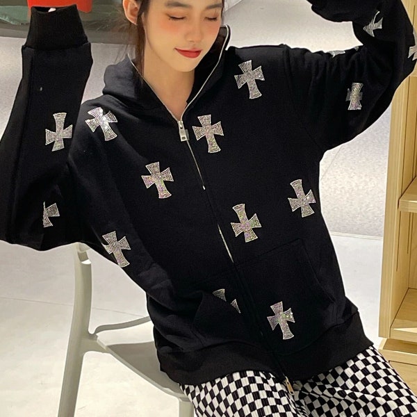Rhinestone Streetwear Zip up Hoodies - Etsy