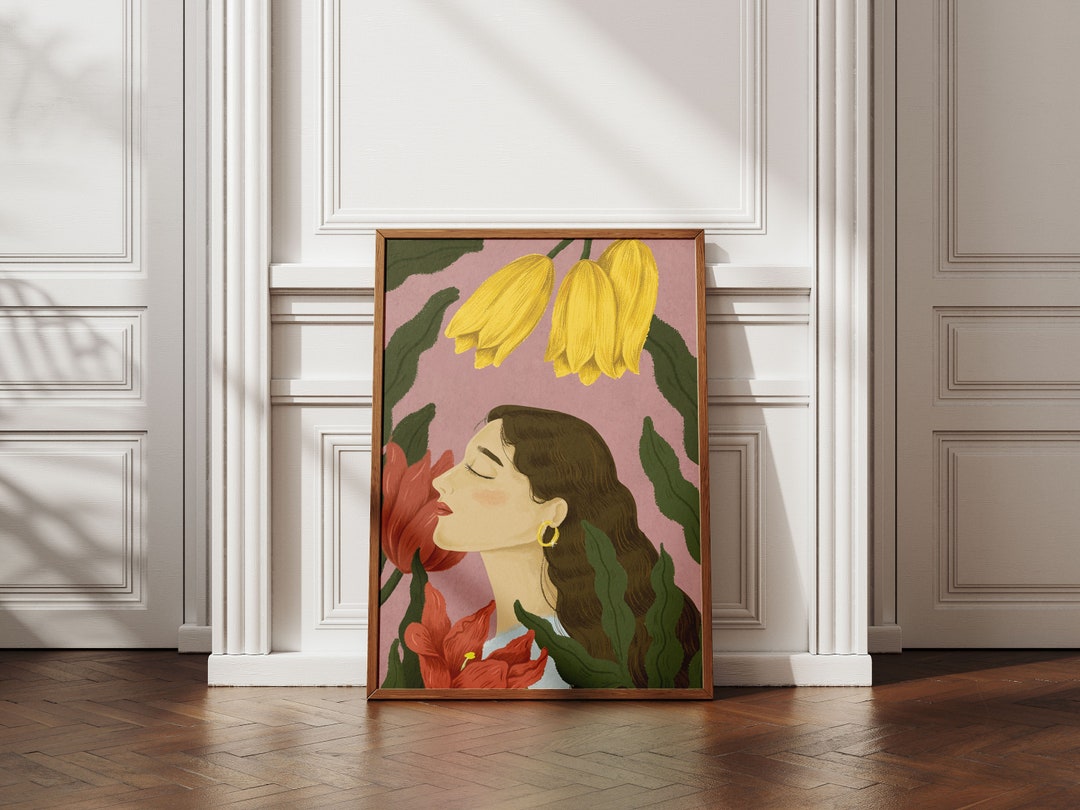 Floral Serenity Woman With Flowers Art Print Botanical Wall Art Modern ...