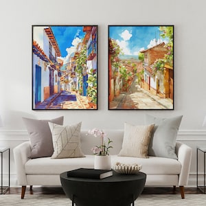 Mediterranean Street Scene Prints: Set of 2 Colorful Digital Art (PDF ...