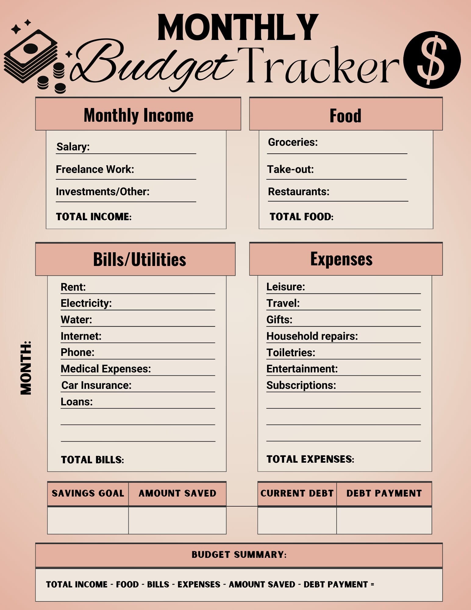 Monthly Budget Tracker - Etsy
