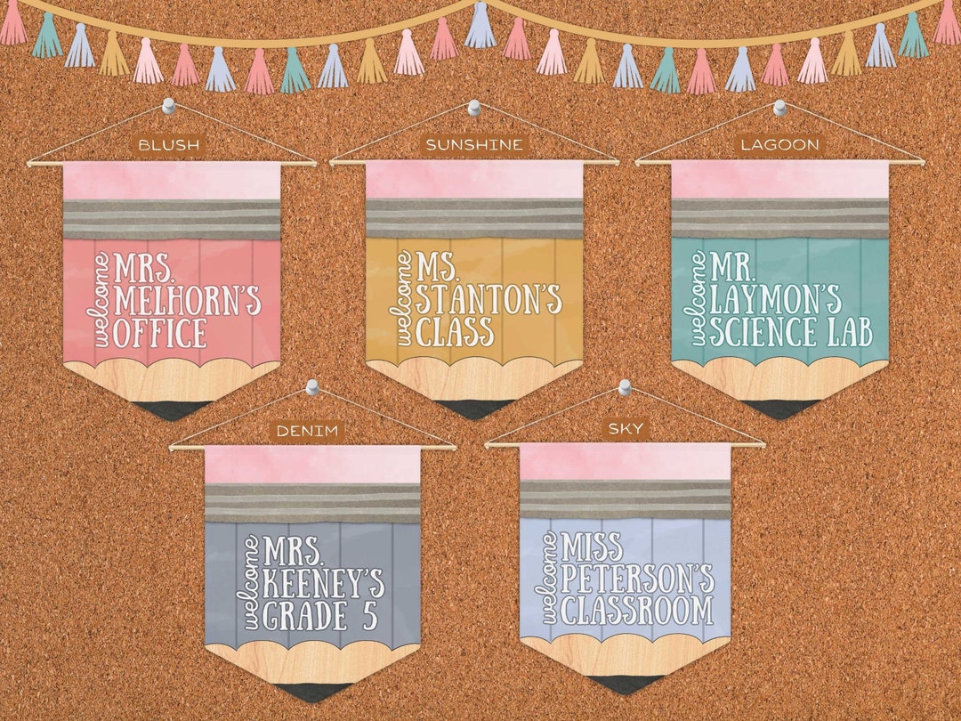 Personalized Custom Teacher Modern Calm Pastels Pennant Classroom Door ...