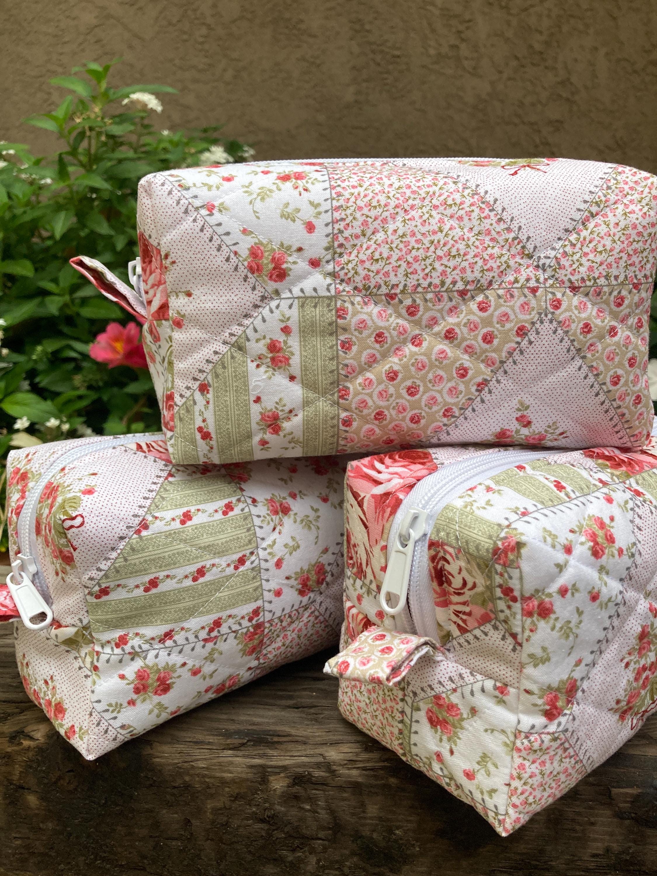 Rosette Quilted Patchwork Makeup Bag Travel Bag Floral Zipper Pouch Bag ...