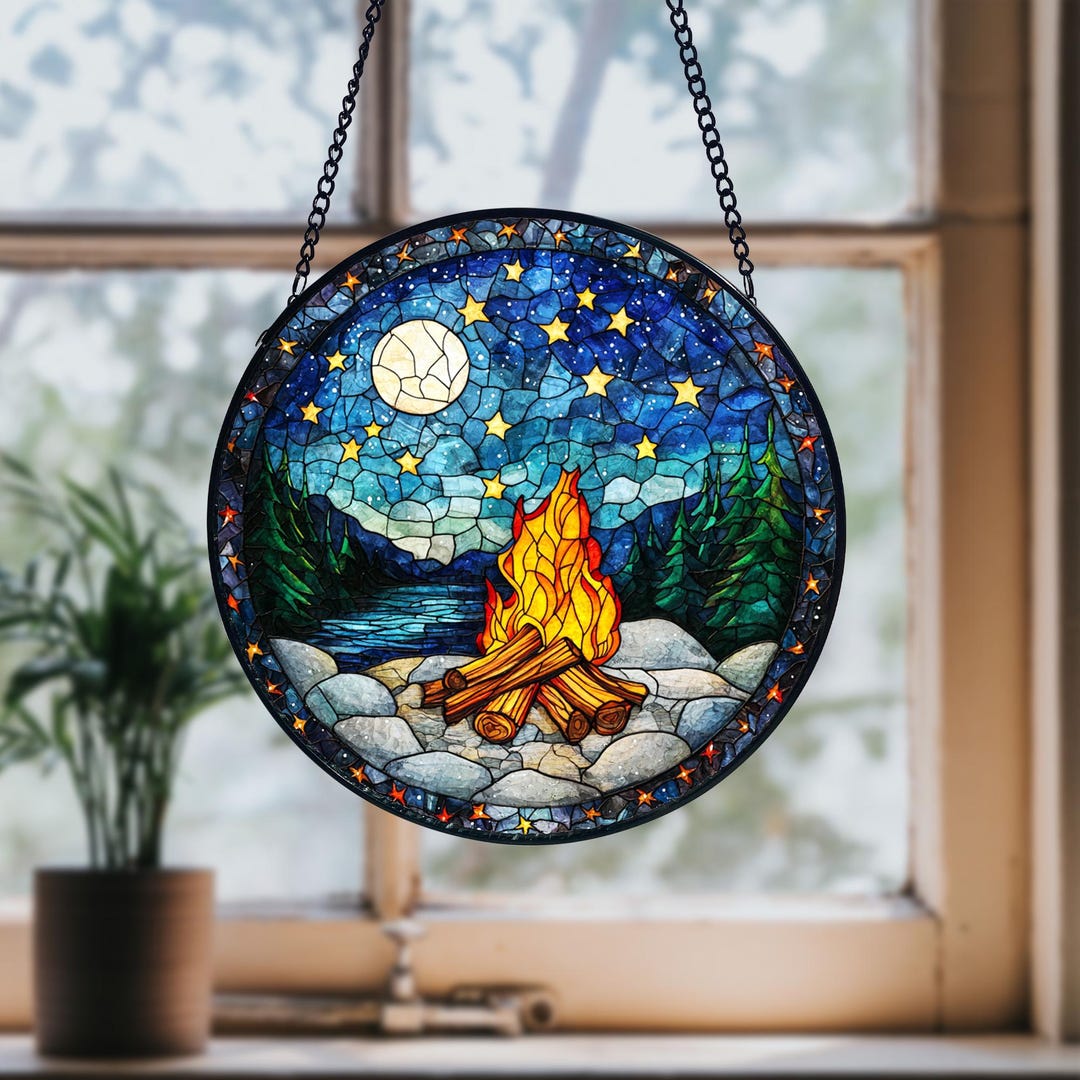 Starry Camp Fire Faux Stained Glass Suncatcher, Starry Camp Fire Window ...
