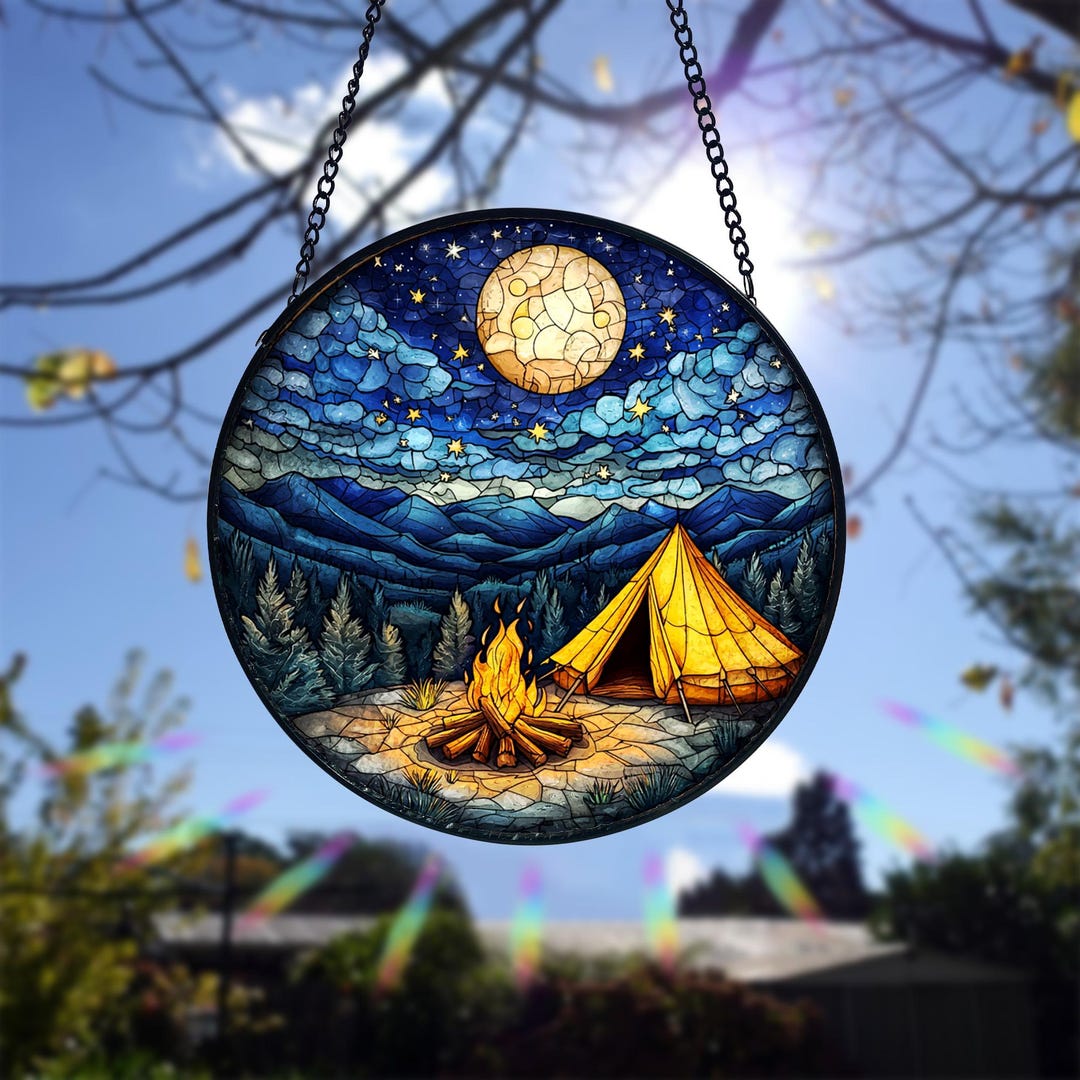 Starry Camp Fire Stained Glass Suncatcher, Travel Trailer Camping ...