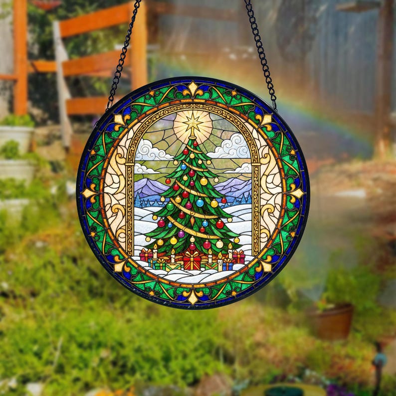 Stained Glass Christmas Tree Suncatcher: Cathedral Window Holiday Decor ...