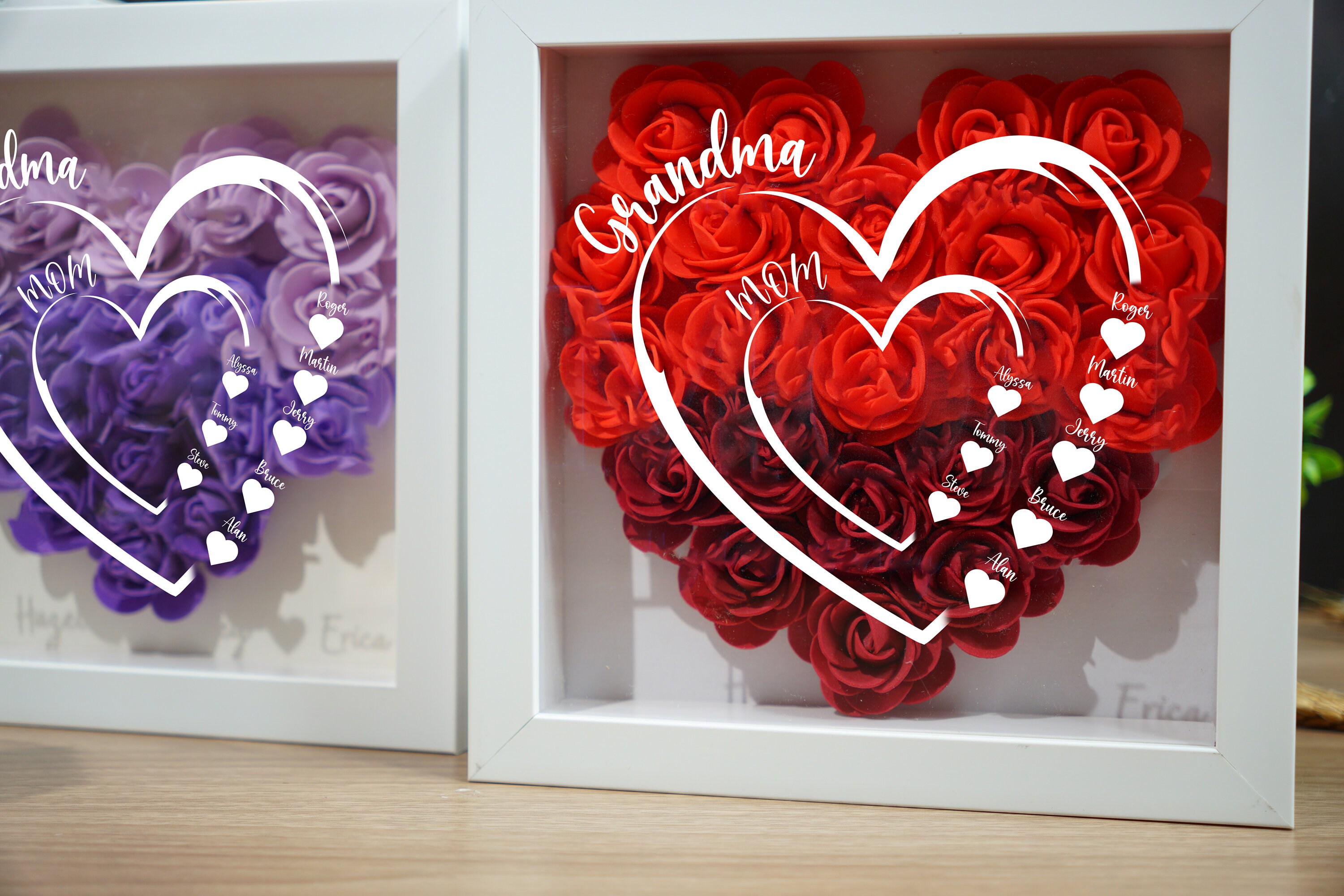 Personalized Flower Shadow Box, Custom Heart Rose Frame, Mother's Day ...