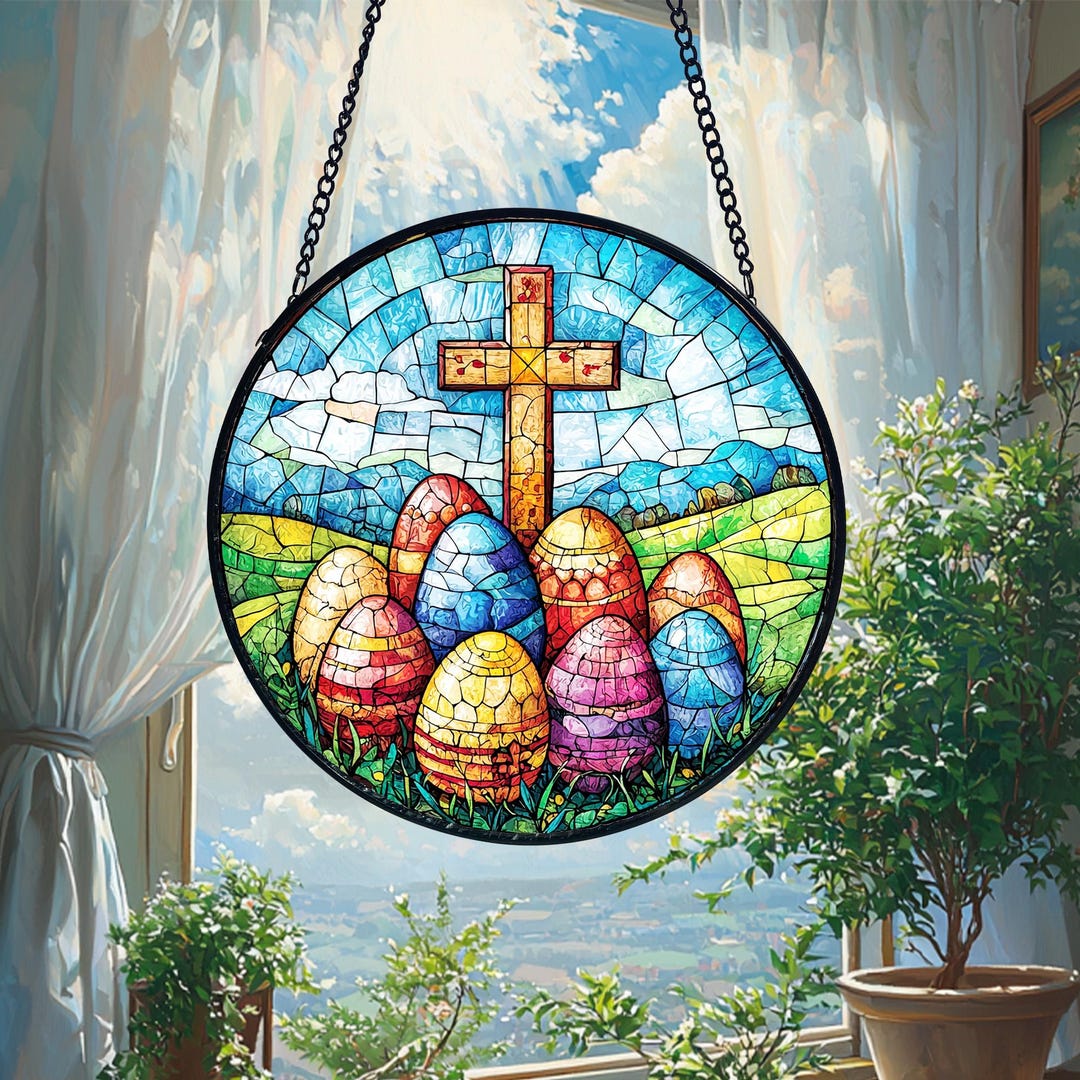 Christian Easter Cross and Eggs Stained Glass Suncatcher, Easter Eggs ...