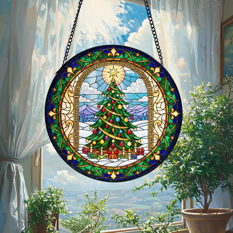 Stained Glass Christmas Tree Suncatcher: Cathedral Window Holiday Decor ...