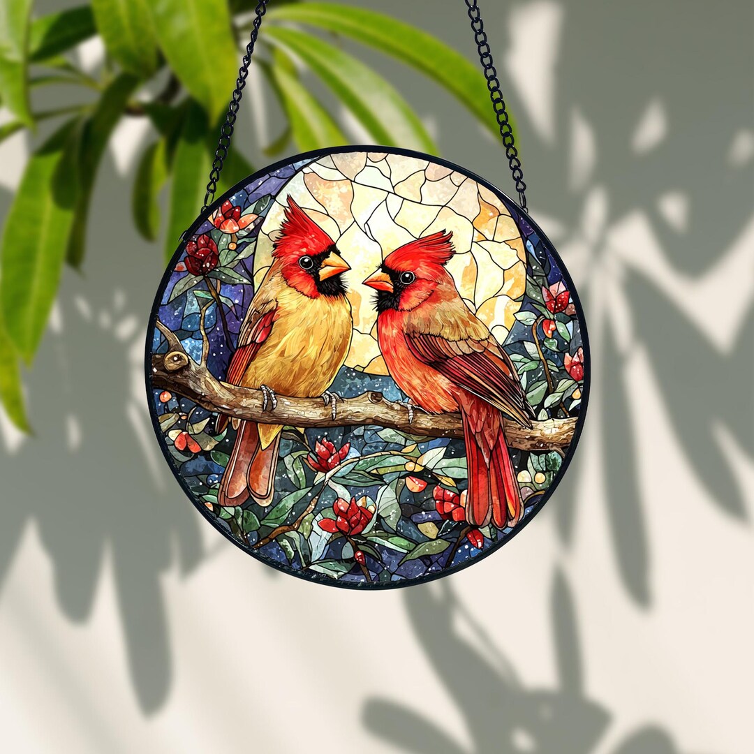 Male and Female Cardinal Lovebirds Glass Suncatcher, Red Bird Glass ...