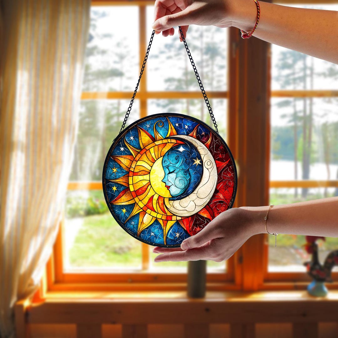 Sun & Moon Stained Glass Suncatcher, Sun and Moon With Faces Light ...