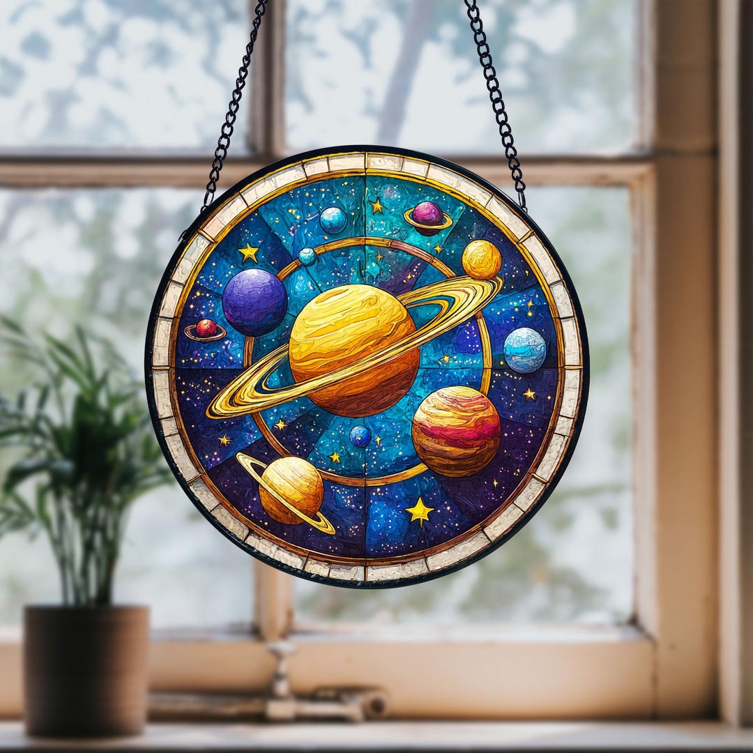 Universe Stained Glass Window Hanging, Handmade Sun Catcher, Planet ...