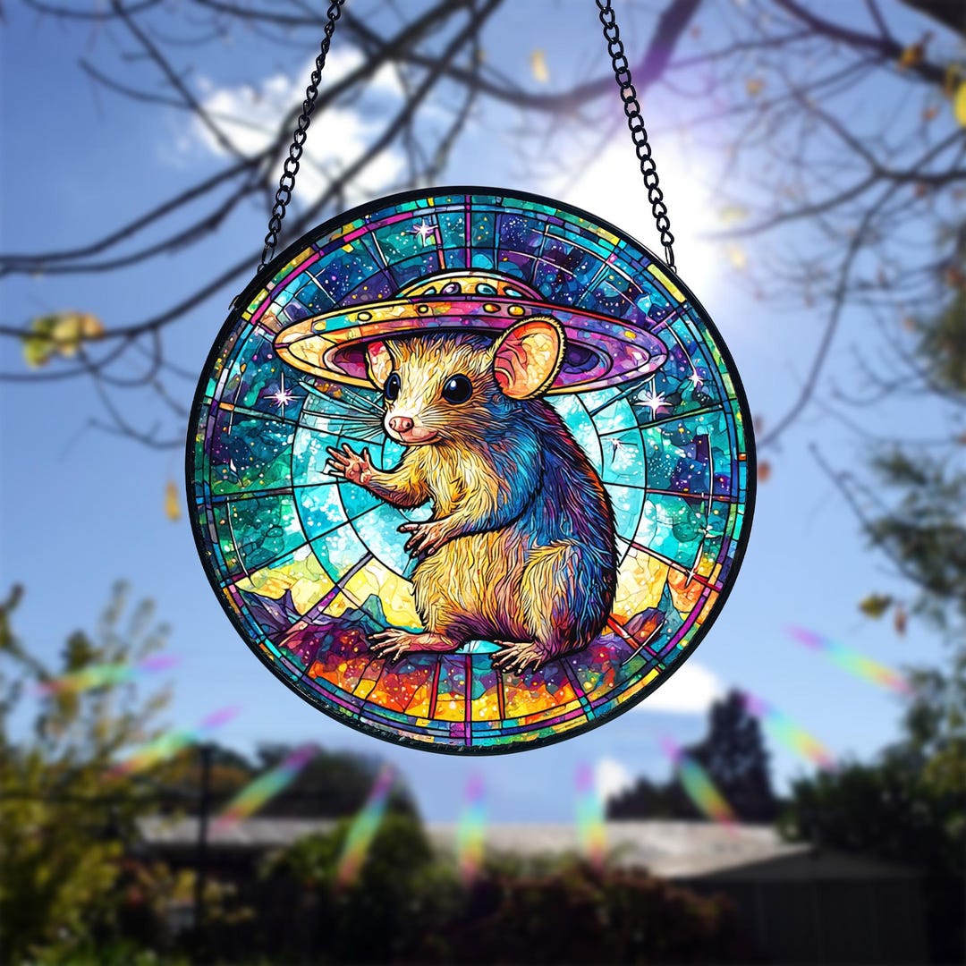 UFO Abduction Opossum Faux Stained Glass Suncatcher, Funny Opossum Sun ...