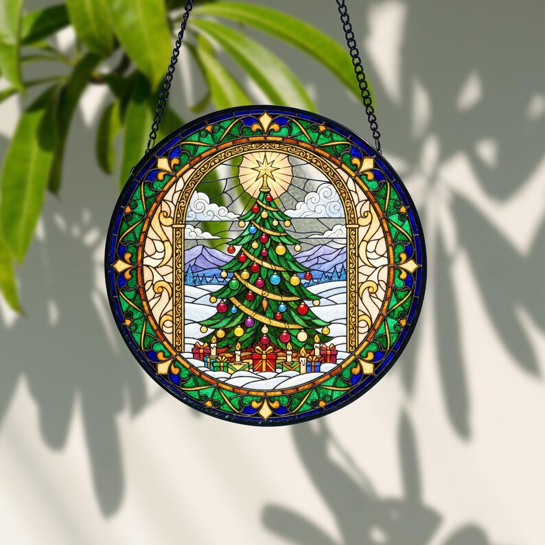 Stained Glass Christmas Tree Suncatcher: Cathedral Window Holiday Decor ...
