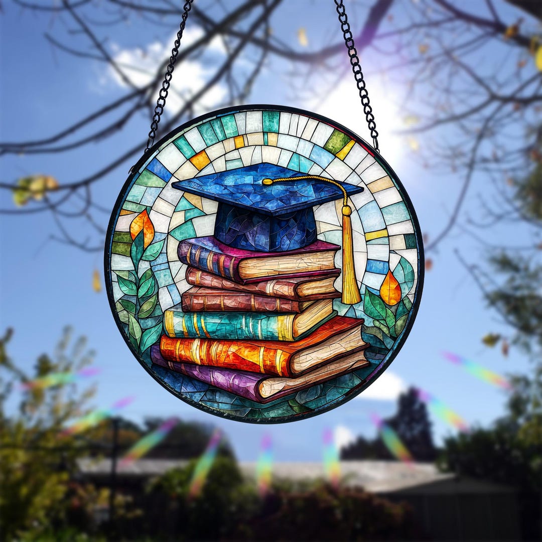 Graduation Stained Glass Suncatcher: Cap and Books Window Hanging - Etsy