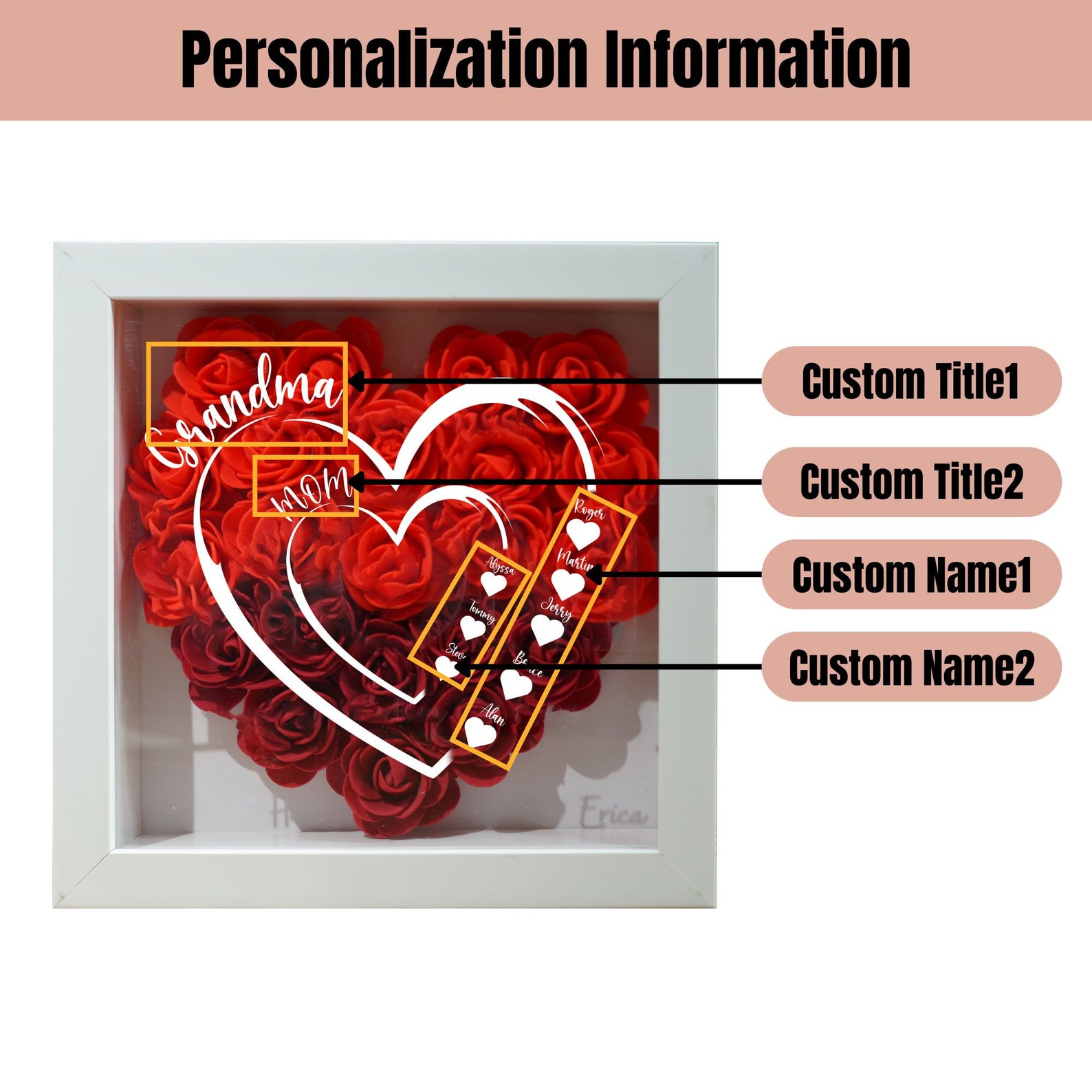 Personalized Flower Shadow Box, Custom Heart Rose Frame, Mother's Day ...