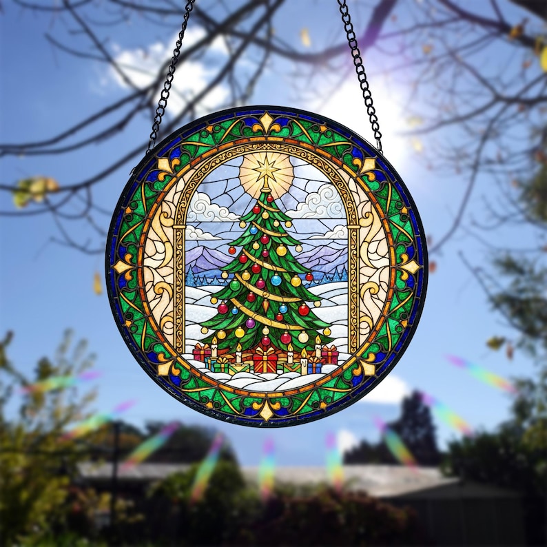 Stained Glass Christmas Tree Suncatcher: Cathedral Window Holiday Decor ...