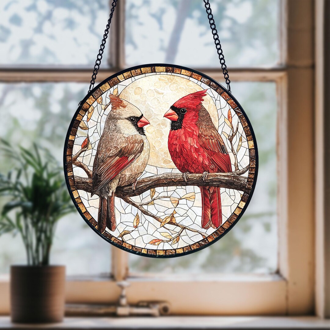 Male and Female Cardinal Lovebirds in Moonlight Stained Glass ...