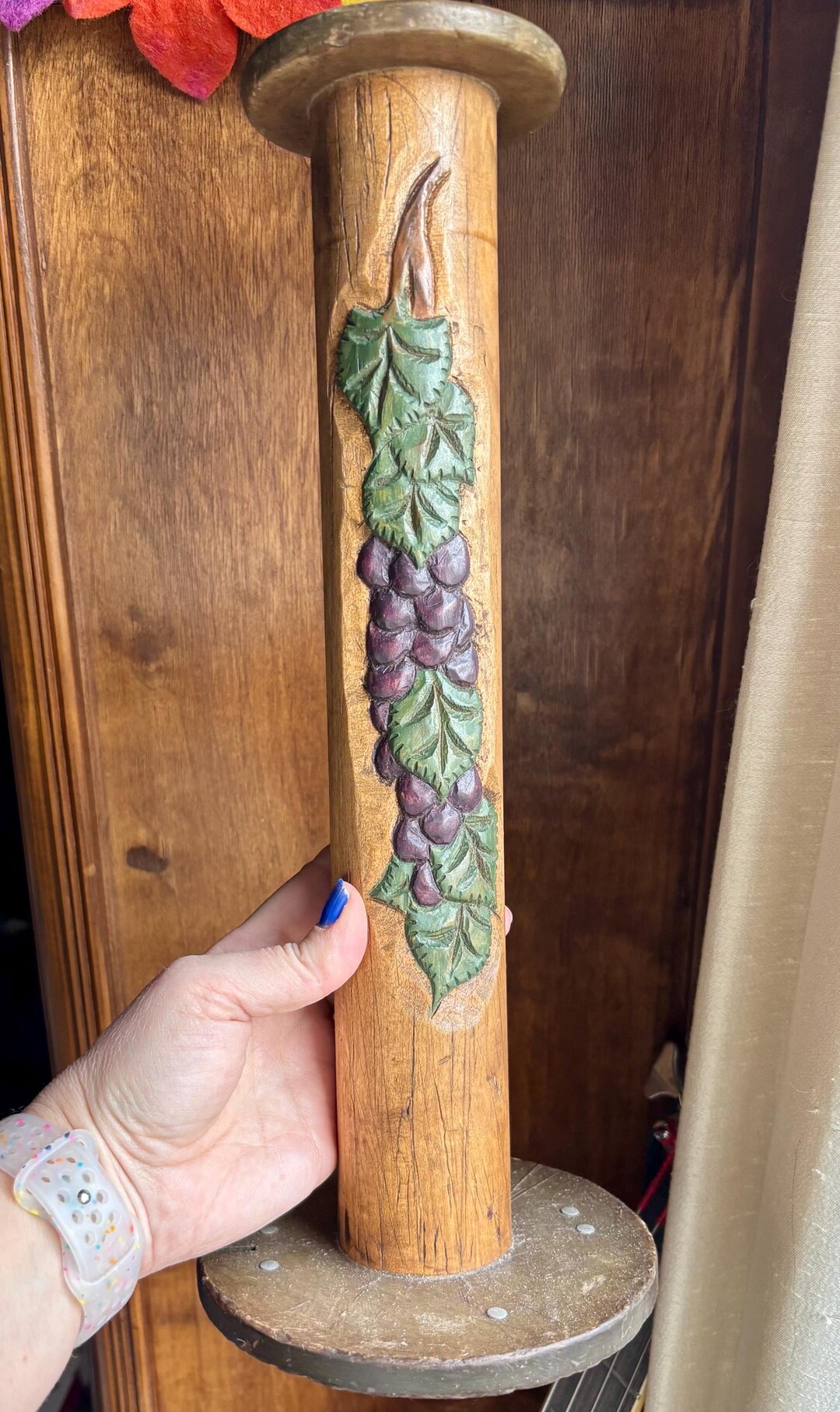 Carved, Signed Wooden Industrial Spool 15 Inches Tall With Grape Motif ...