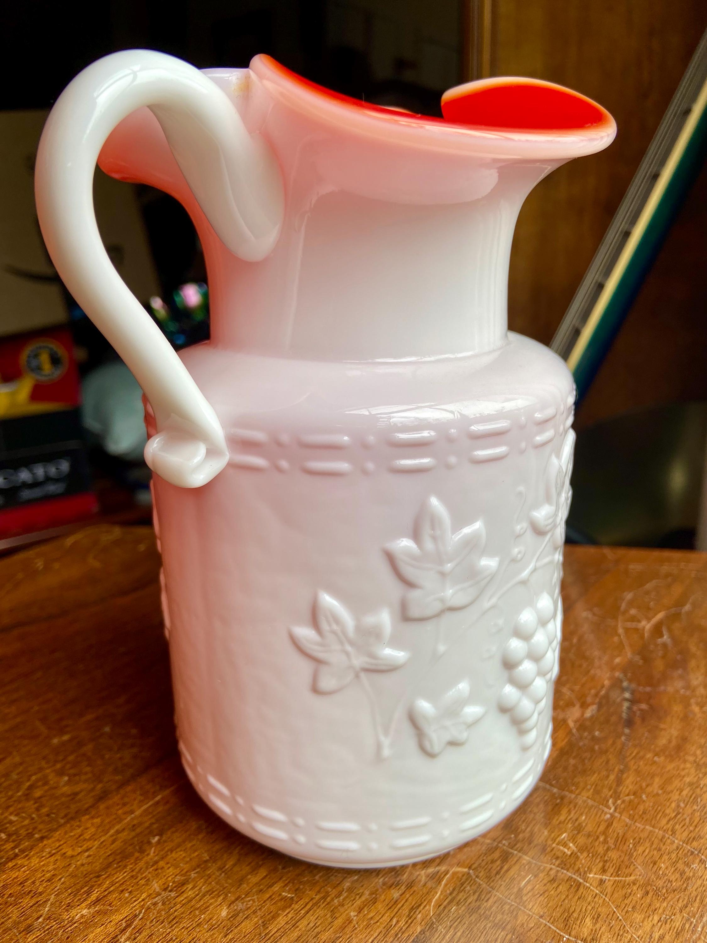Kanawha Ruffled Rim Pitcher Red Glass Interior With Milk Glass Grapes ...