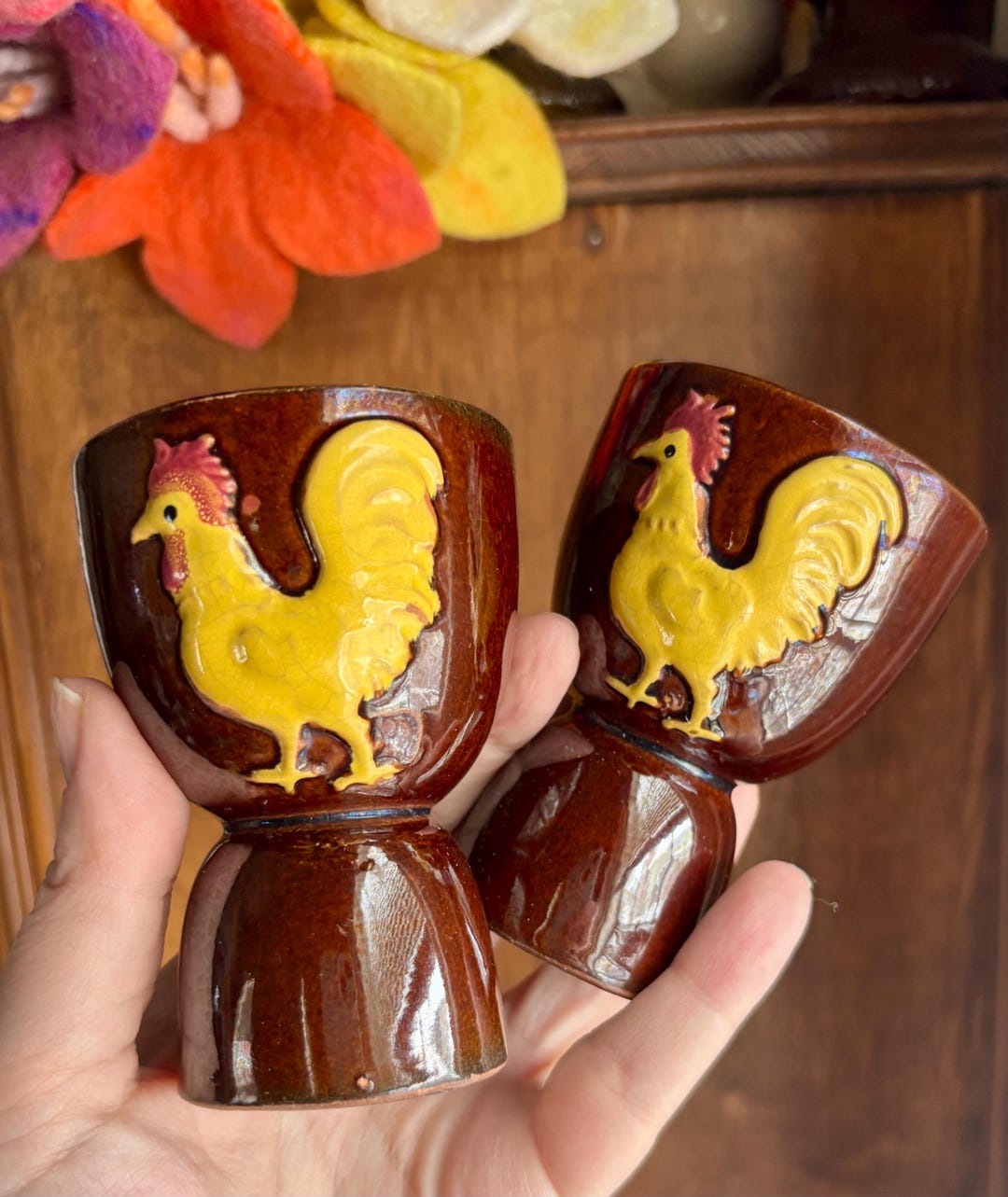 Pair Vintage Redware Brown and Yellow Rooster Chicken Double Egg Cups ...