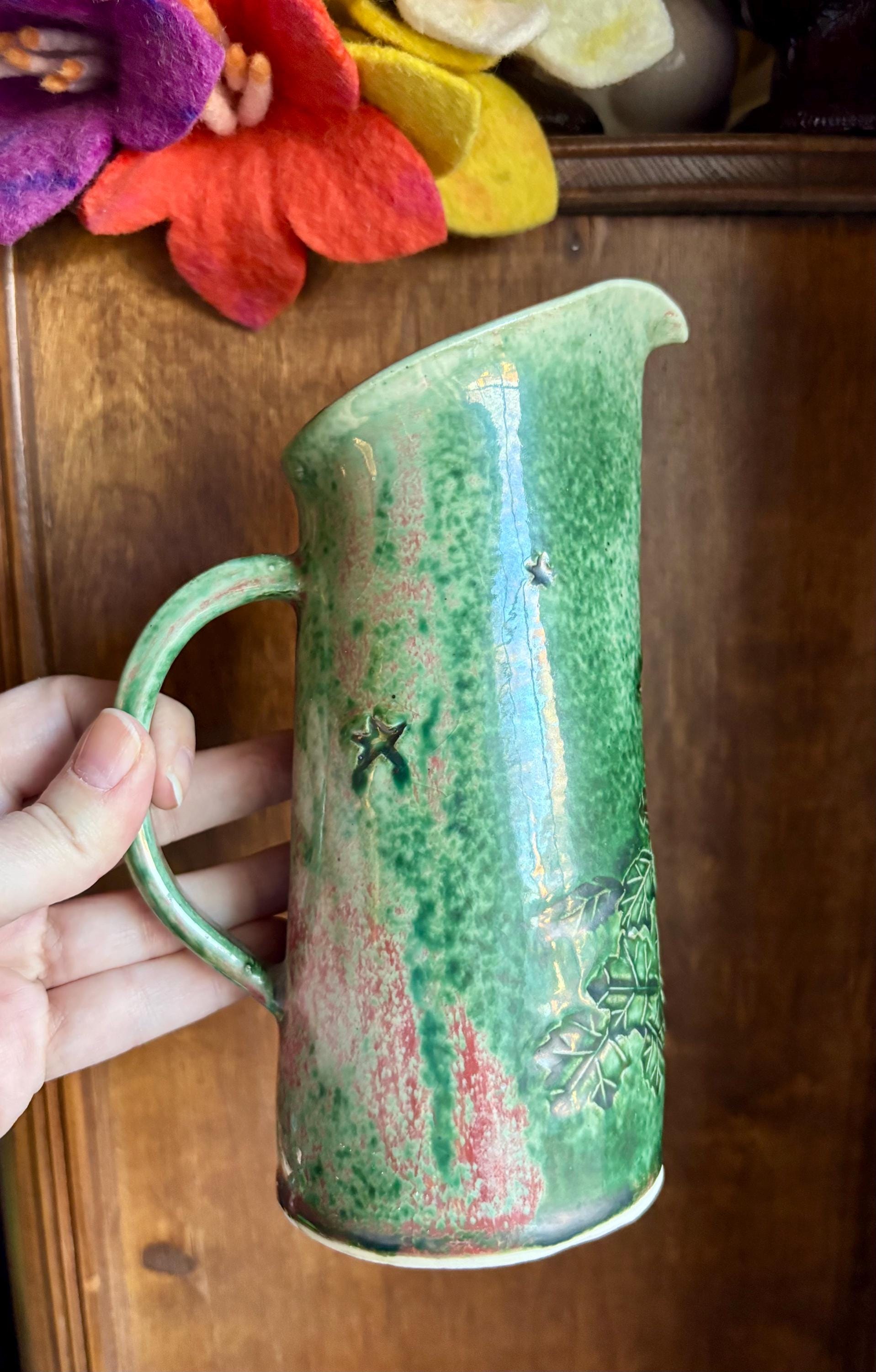 Handmade, Signed, Glazed 7.5 Inch Pottery Pitcher With Leaf Imprints - Etsy