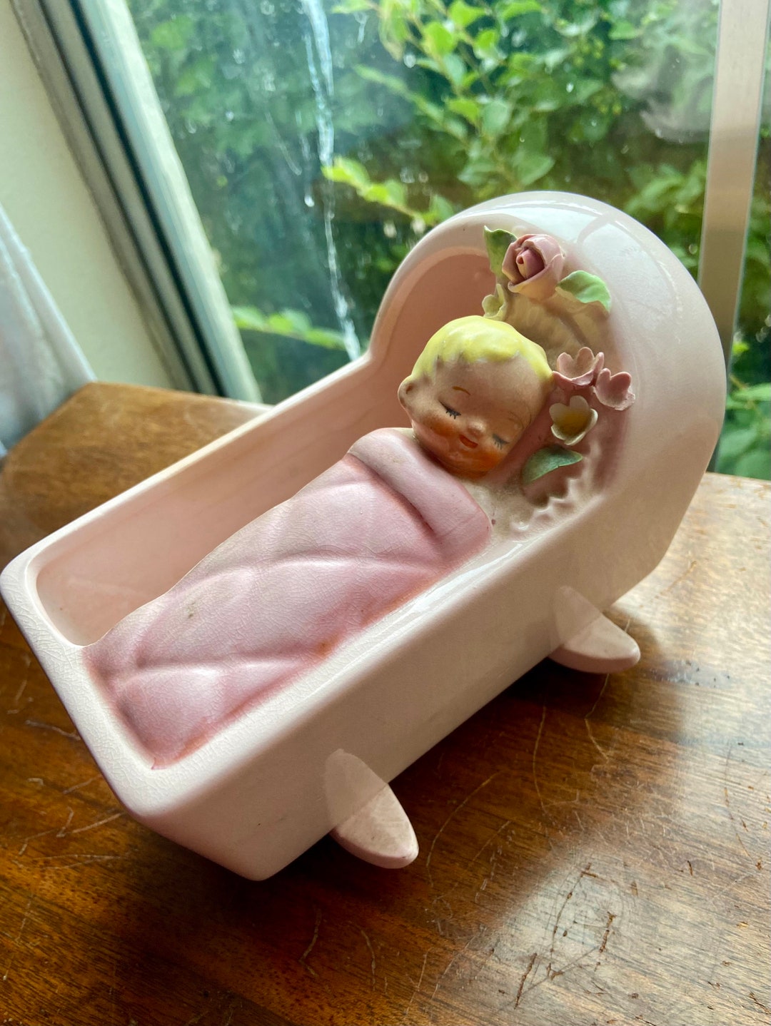 Heftons Baby in a Pink Bassinet Ceramic Planter Number 6584 Japan - Etsy