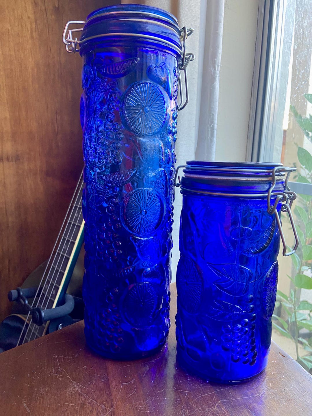 Set of Two Elements Cobalt Blue Embossed Glass Canisters With Fruit ...