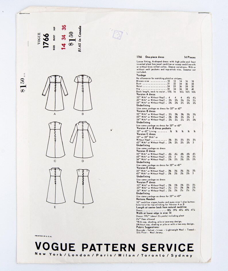 Vogue Sewing Pattern 1766, Vogue's Basic Dress, Misses' Dress, Vintage ...