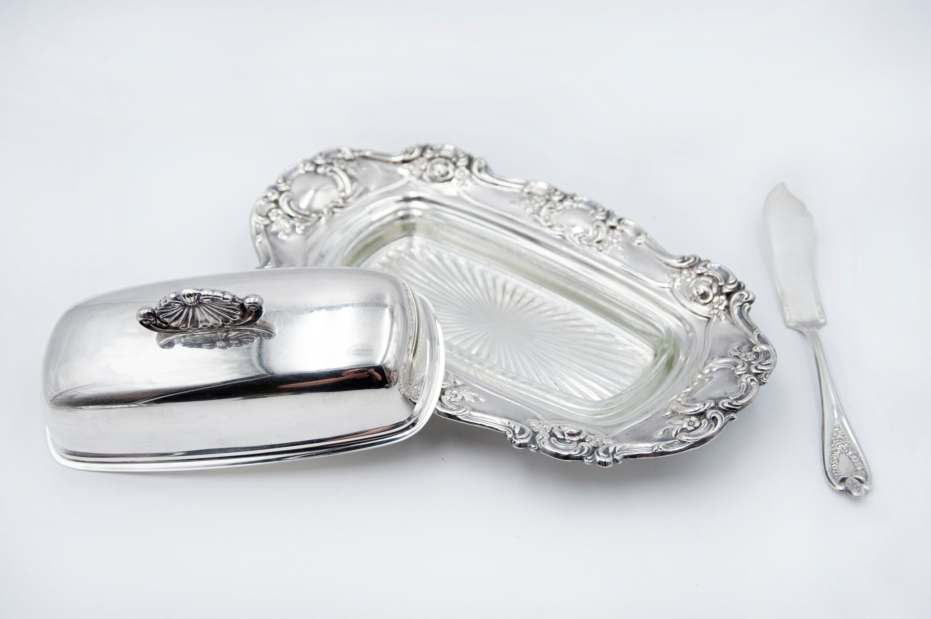 Vintage Silver Plated Butter Serving Dish, Knife, and Glass Insert ...