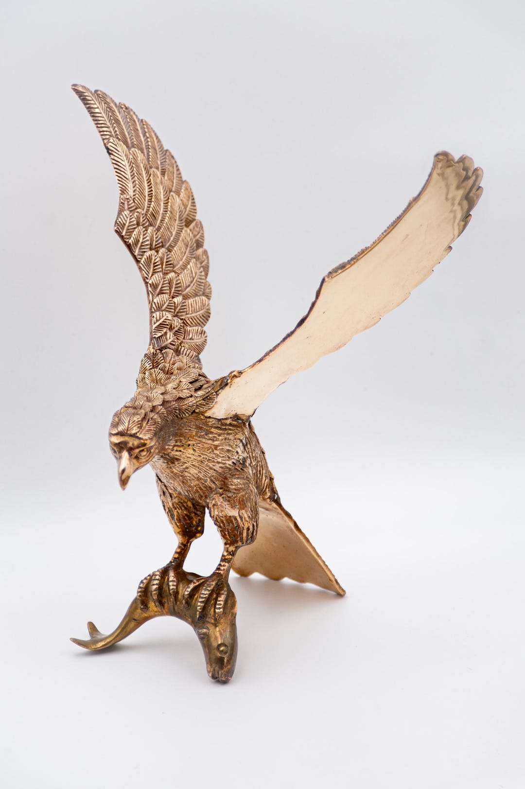 Vintage Heavy Solid Brass Eagle Catching Fish Sculpture Large Bird of ...