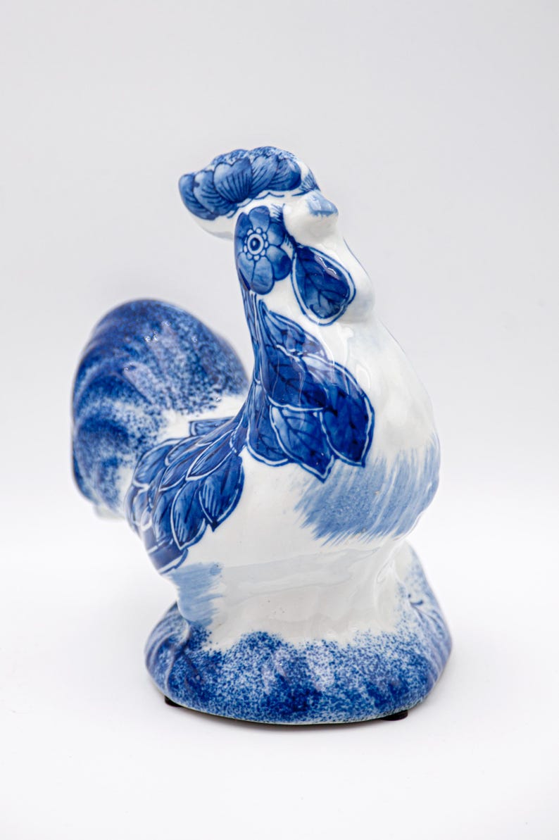 Vintage Porcelain Cobalt Blue and White Porcelain Rooster, Hand Painted ...