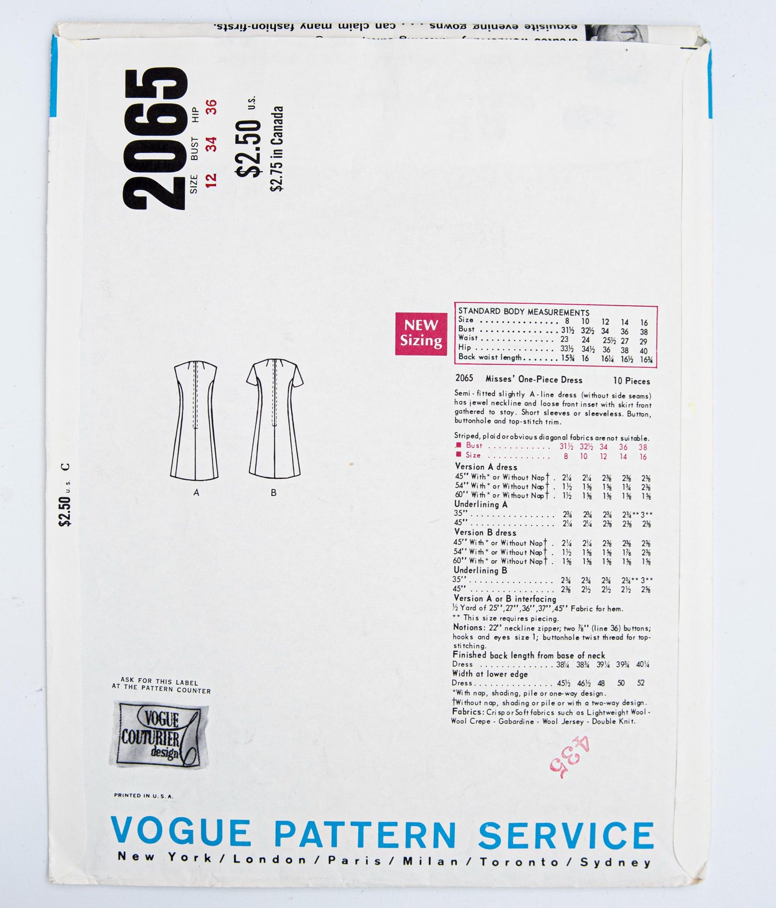 Vogue Sewing Pattern 2065, Vogue Couturier Design of Italy Fabiani ...