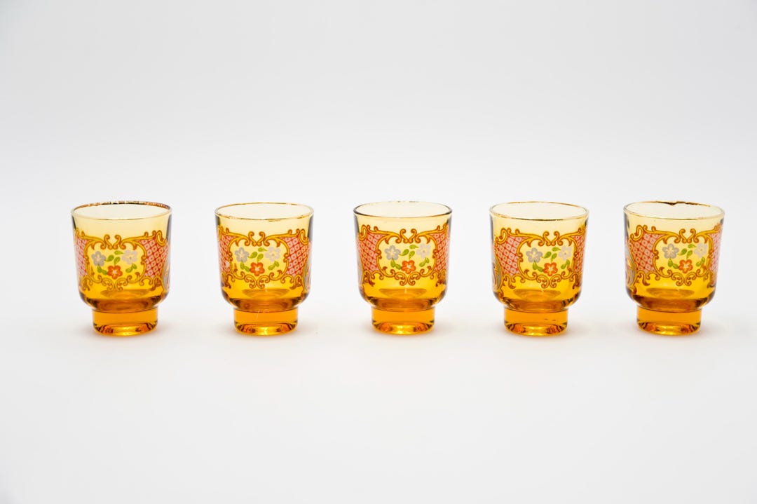 Vintage Amber Shot Glasses, Gold Floral Rim, Set of 5, Poland - Etsy