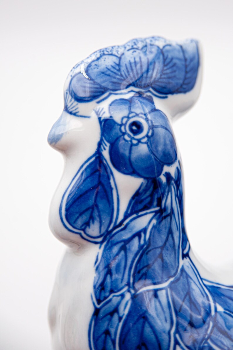 Vintage Porcelain Cobalt Blue and White Porcelain Rooster, Hand Painted ...