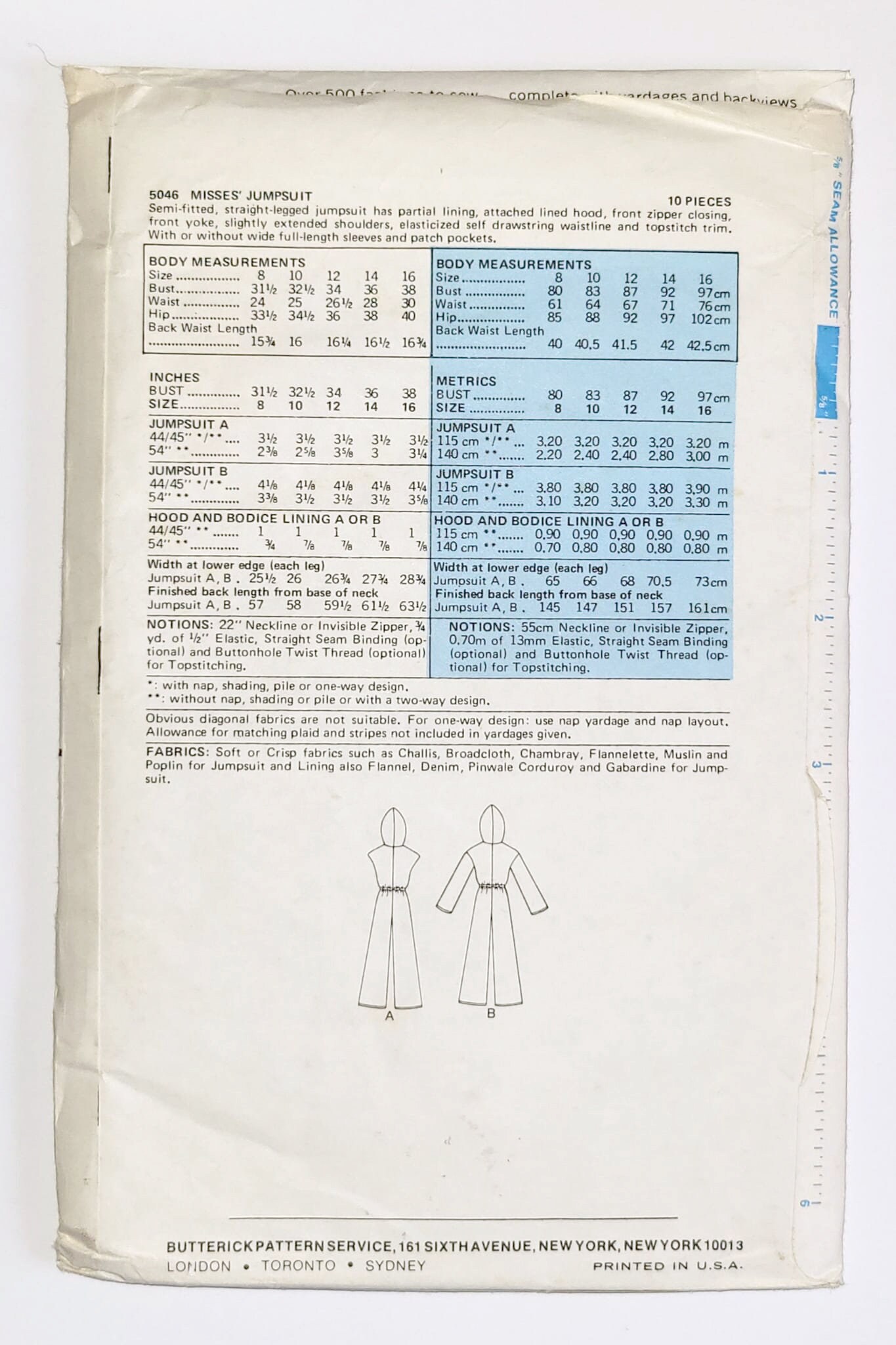 Butterick Sewing Pattern 5046, Misses' Jumpsuit, Vintage Pattern, by ...