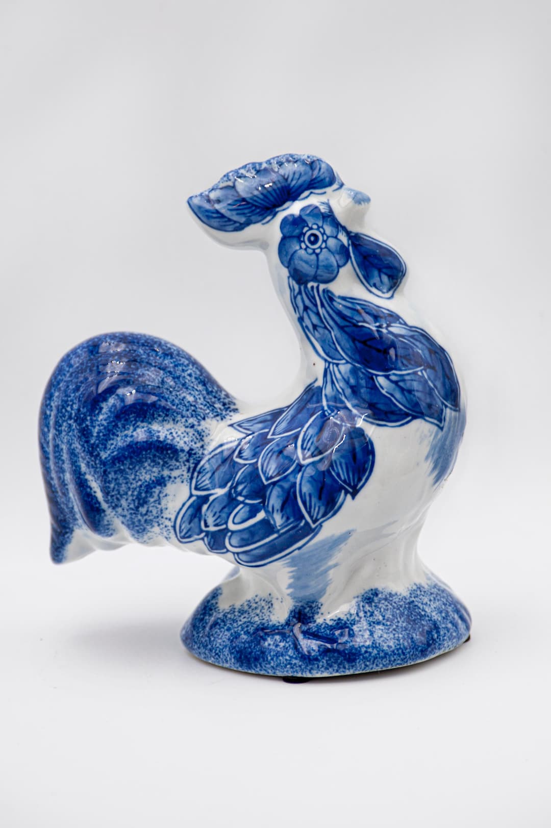 Vintage Porcelain Cobalt Blue and White Porcelain Rooster, Hand Painted ...