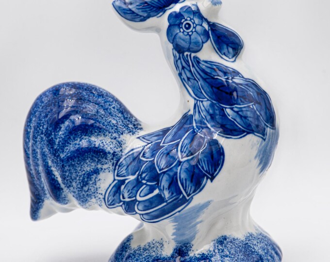 Vintage Porcelain Cobalt Blue and White Porcelain Rooster, Hand Painted ...