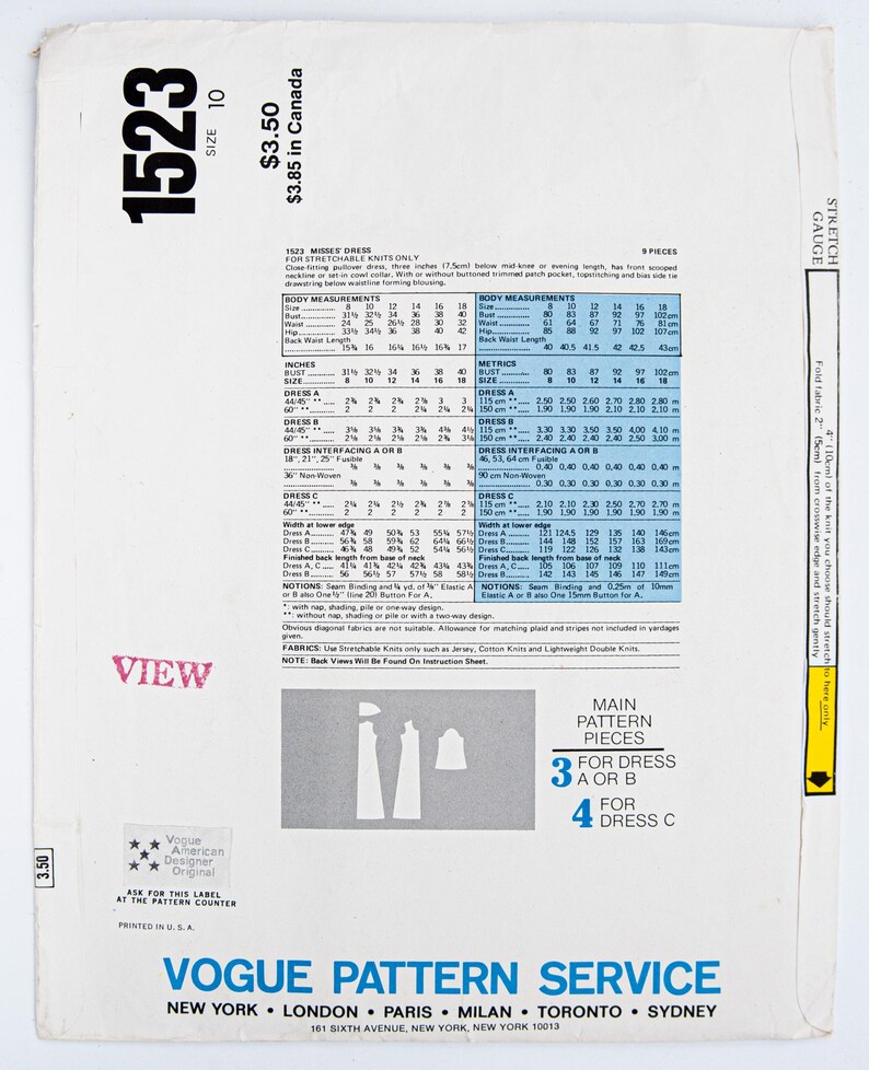 Very Easy Vogue Sewing Pattern 1523, American Designer Original Misses ...